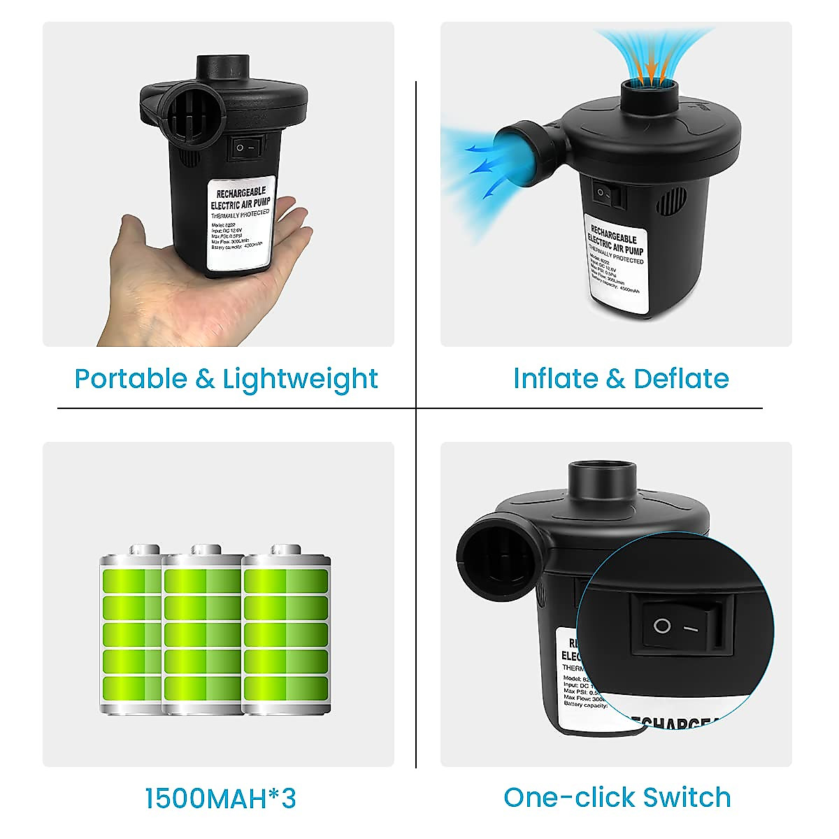 Portable Electric Battery Air Pump for Inflatables, Camping Air Mattress Pump with 3 Nozzles for Airbed Inflatable Pool Inflator Deflator Pump Car Adapter AC/DC Air Pump