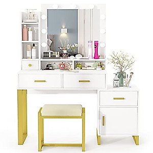 PAKASEPT Makeup Desk with Mirror and Lights, Desk and Chair, Vanity Table Set with Cushioned Stool, Shelves & Drawers, Storage Cabinet for Bedroom, White