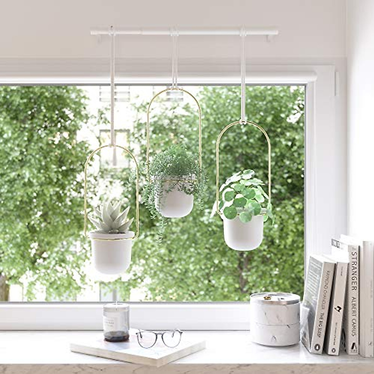 Umbra 1011748-524 Triflora Hanging Planters for Indoor Plants or Herbs, White/Brass,42" Width