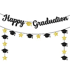 Glitter, Happy Graduation Banner - 10 Feet Cap Garland, No DIY | Graduation Banner Black, Gold for Graduation Party Decorations 2023 | Black and Gold Graduation Decorations, Class of 2023 Decorations