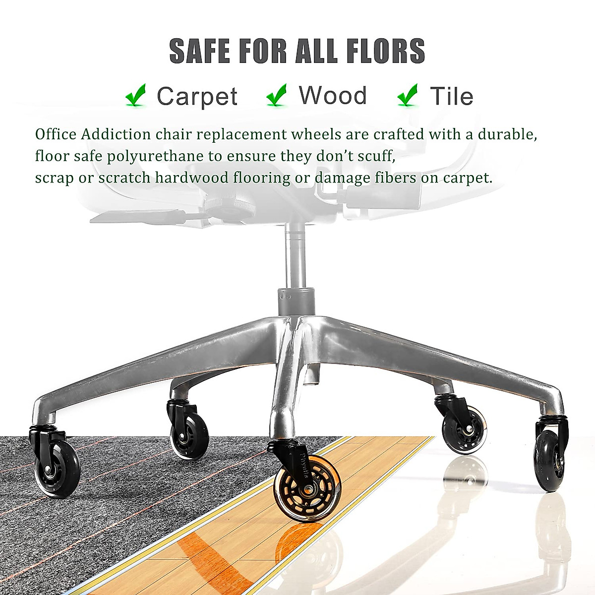 Office Chair Caster Wheels - 3" Rollerblade Rubber Replacement Chair Casters - Best Protection for Your Hardwood Floors No More Chair Mat Needed - Universal Fit,Smooth & Silent