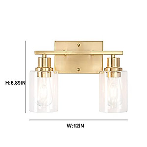 EMONG Gold Bathroom Light Fixtures,2-Lights Brushed Brass Vanity Light with Clear Glass Shade,Modern Wall Sconces for Hallway, Farmhouse,Living Room