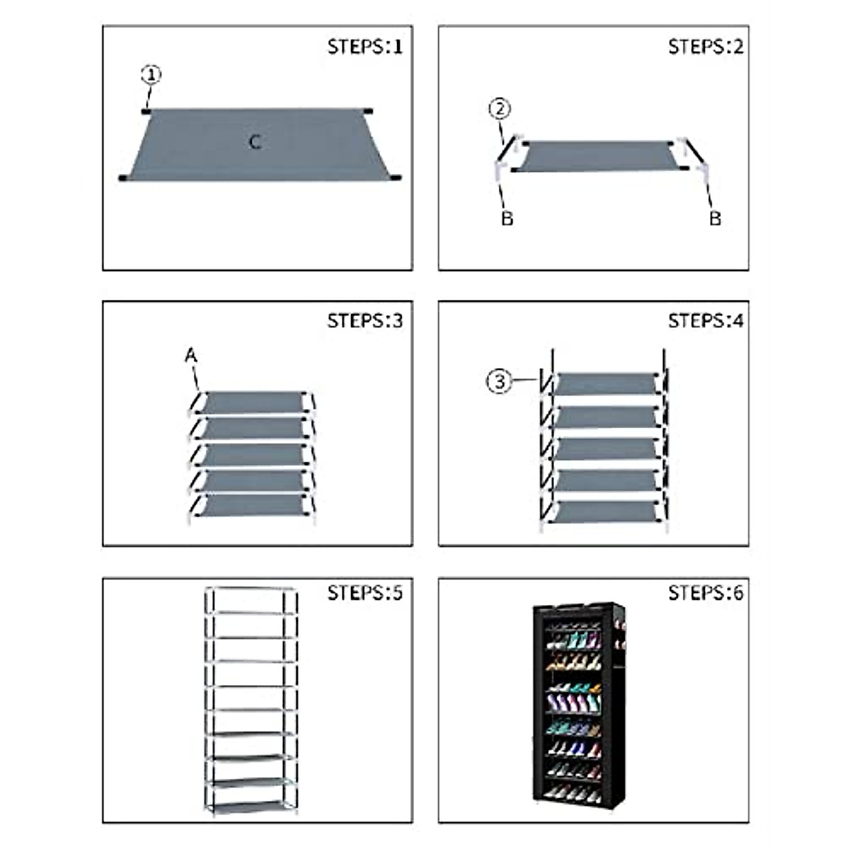 TXT&BAZ 27-Pairs Tool Free Easy Assembled Shoe Rack with Nonwoven Fabric Cover (10-Tiers Black)
