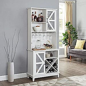 Home Source Microwave Stand 72" | Kitchen Pantry with Microwave Stand, Open Shelves, Mesh Doors | Includes Wine/Bottle Rack