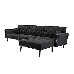 DERCASS Convertible Bed L-Shape Chaise Sectional Sleeper Button Tufted Sofa Velvet with Pillows Reversible Couch for Living Room (Black Sofa), W223S008SOFA