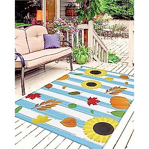 Outdoor Rug 5' x 8', Fall Pumpkin Sunflowers Large Area Rugs for Patio/RV/Deck/Porch/Indoors, Thanksgiving Harvest Blue Stripes Water Absorption Camping Rug Carpet, Lightweight Washable Rug Runners