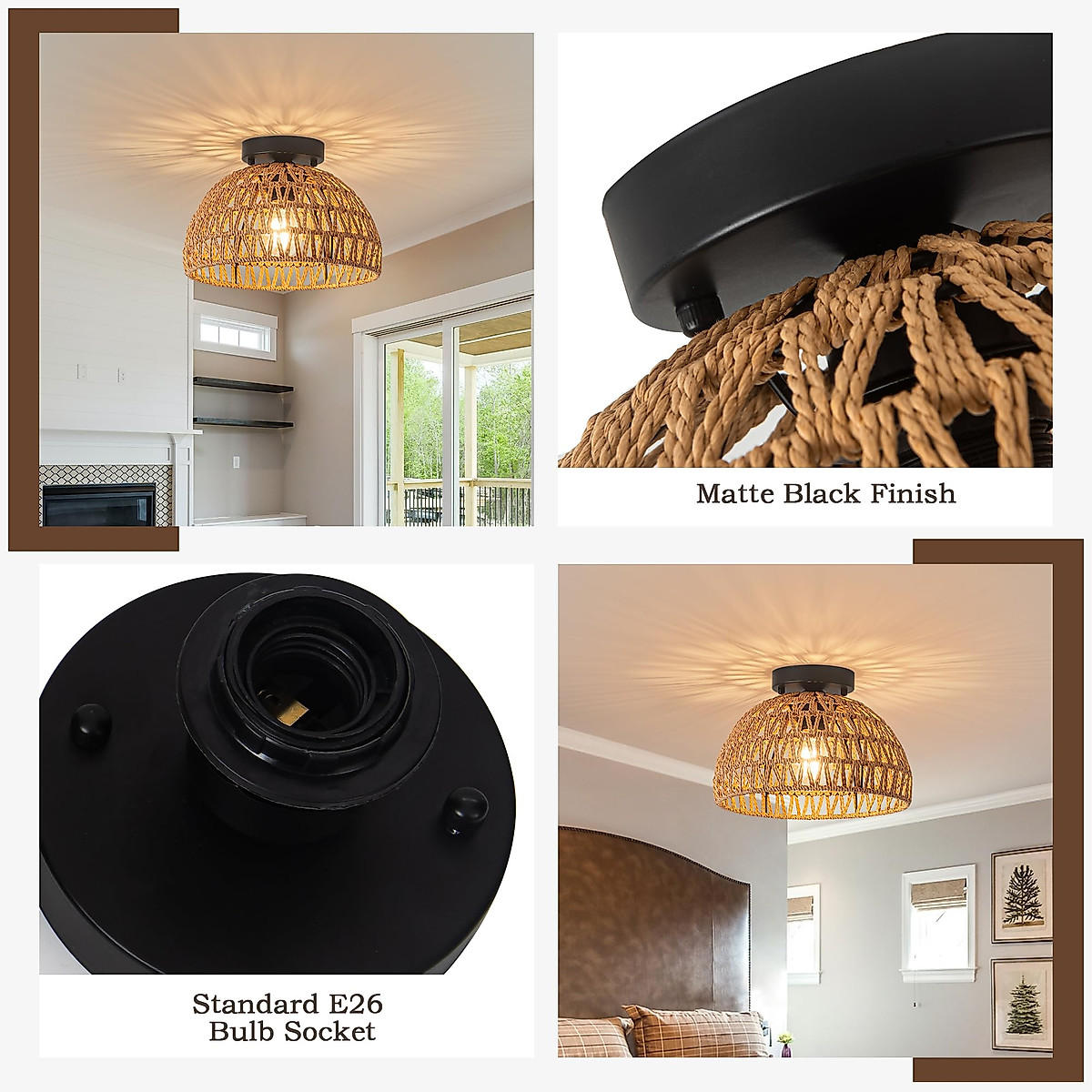 SYTPPLAN Rattan Light Fixtures Ceiling Light, Handmade Woven Cage Boho Light Fixture 11" Semi Flush Mount Light Fixture Coastal Ceiling Light for Hallway Kitchen Entryway Farmhouse Living Room