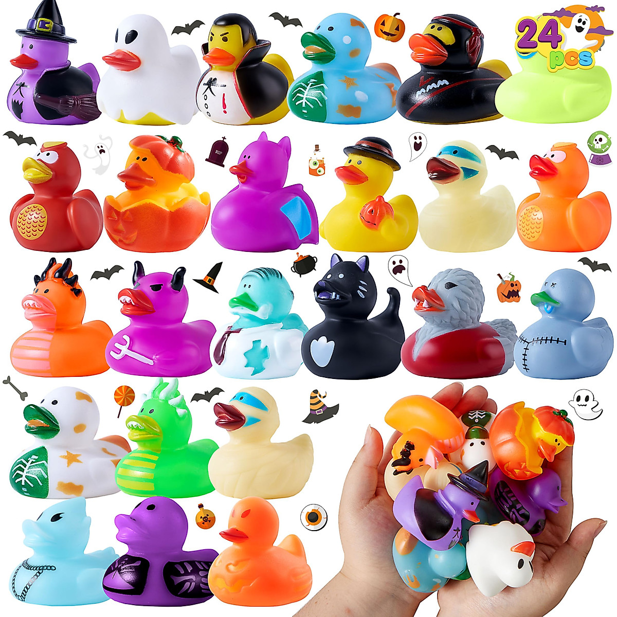 JOYIN 24 PCS Halloween Rubber Ducks, Halloween Ducks Toys for Trick or Treating Goodie Bag Fillers, Bathtub Toys Duckies for Halloween Party Favors Decorations, School Classroom Game Prizes