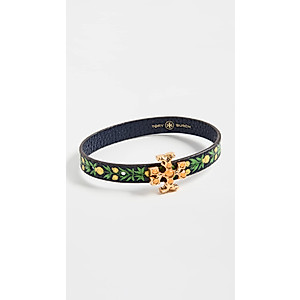 Tory Burch Women's Roxanne Leather Bracelet, Rolled Brass/Green Multi, One Size