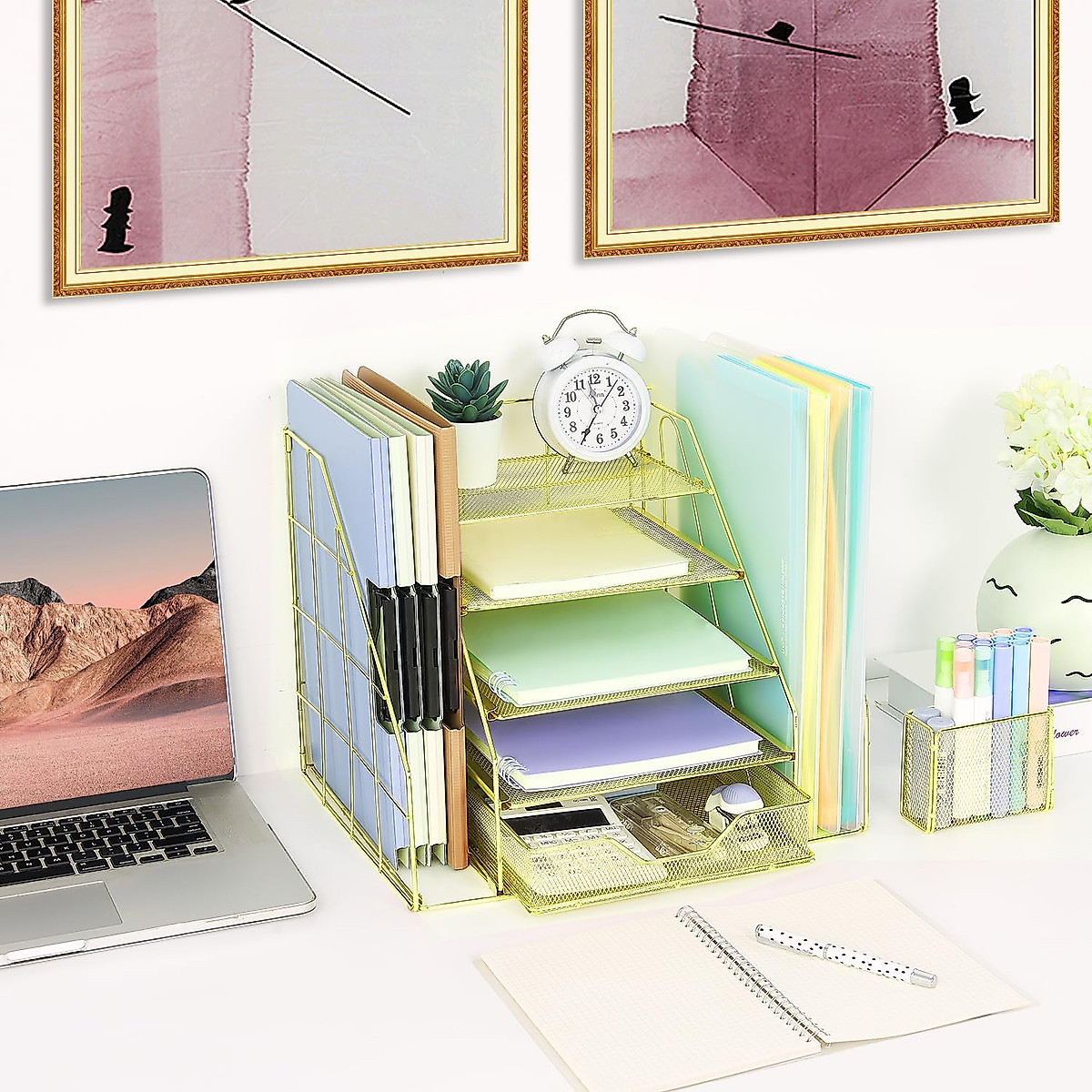 Spacrea 5-Tier Paper Letter Tray Organizer with File Holder - Office Desk Accessories & Workspace Organizers with Drawer and Pen Holder, Cute Desk Organizer for Office Supplies (Gold)