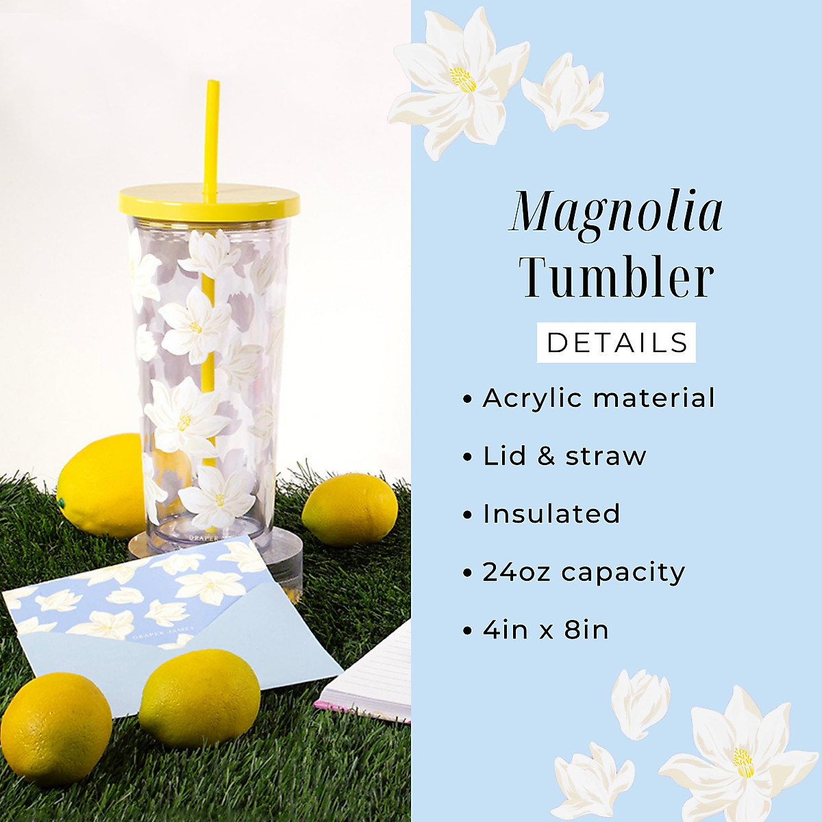 Draper James Travel Tumbler with Lid and Straw, 24 Ounce Insulated Cup, Clear Floral Plastic Double Wall Tumbler, Magnolias