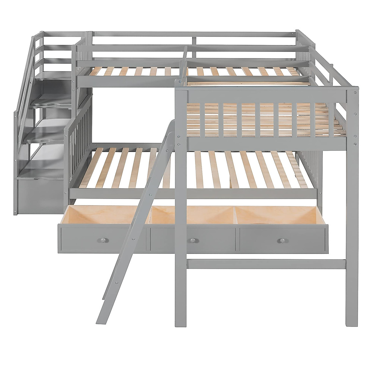Harper & Bright Designs L Shaped Bunk Bed with Stairs and Storage, Twin Over Full Size Triple Bunk Bed for 3, Wood Corner Beds for Kids, Teens, Adults. No Box Spring Needed (Gray)