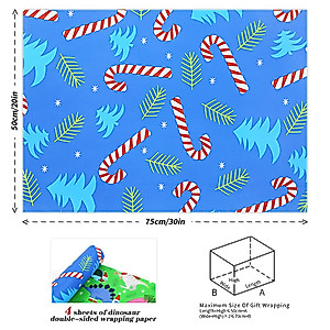 Dinosaur Wearing Santa Hats Christmas Double Side Reversible Wrapping Paper 4 Sheets Folded Flat 20x30 inches per sheet, Dinosaur T-rex Gift Wrap For Kids Girls Boys Men Women Unique Xmas Decorative Paper and Birthday Holiday