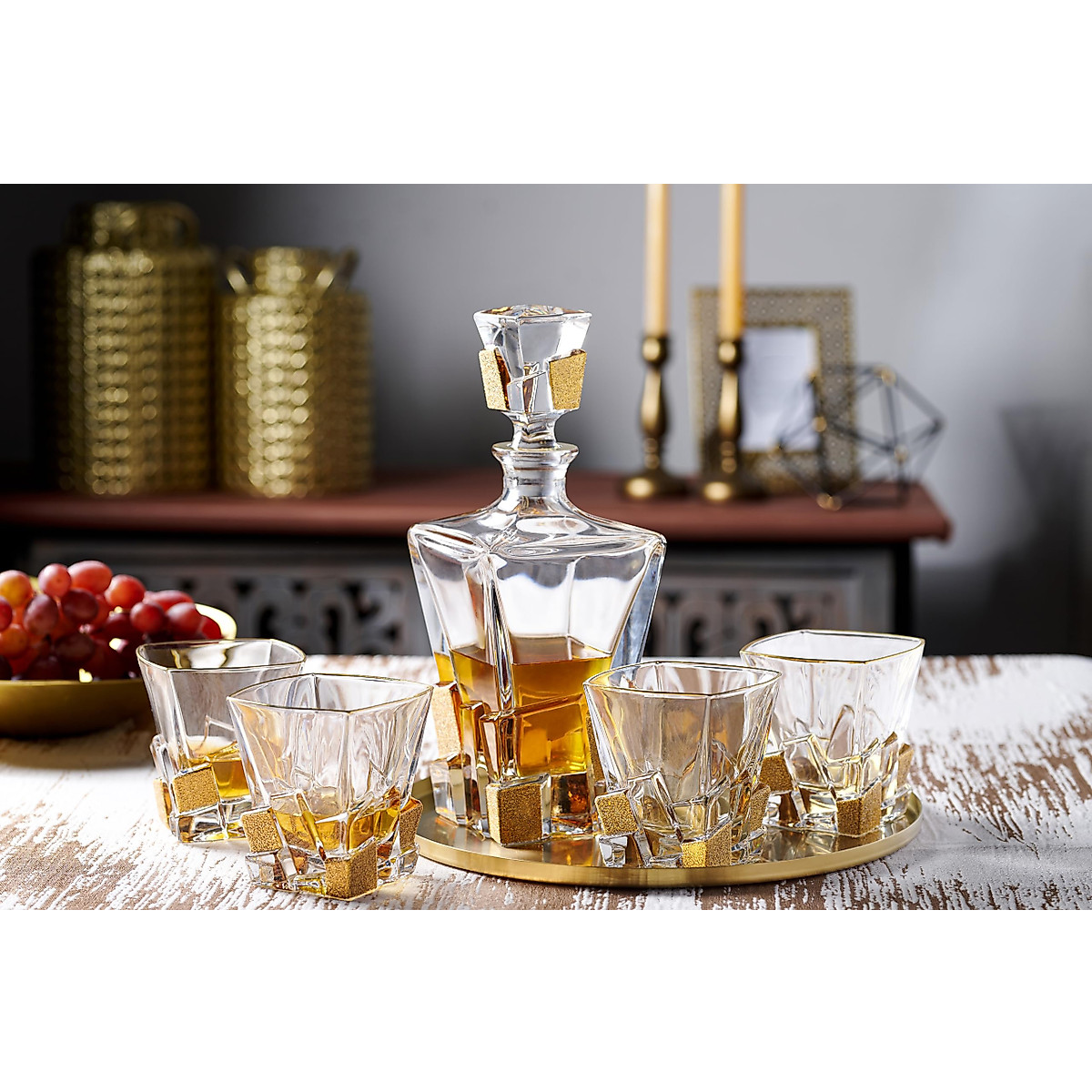 Barski - European Quality Glass - Crystal - Set of 6 - Square Shaped - Double Old Fashioned Tumblers - DOF - Tumbler is 11.7 oz. - with Matte Gold Ice Cubes Design - Glasses are Made in Europe
