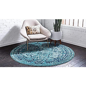 Rugs.com Fleur Collection Rug – 3' Round Light Blue Medium-Pile Rug Perfect for Kitchens, Dining Rooms