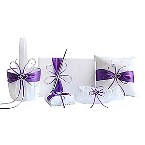Awtlife 5pcs Sets Purple Wedding Flower Girl Basket Guest Book Pen with Ring Pillow and Garter