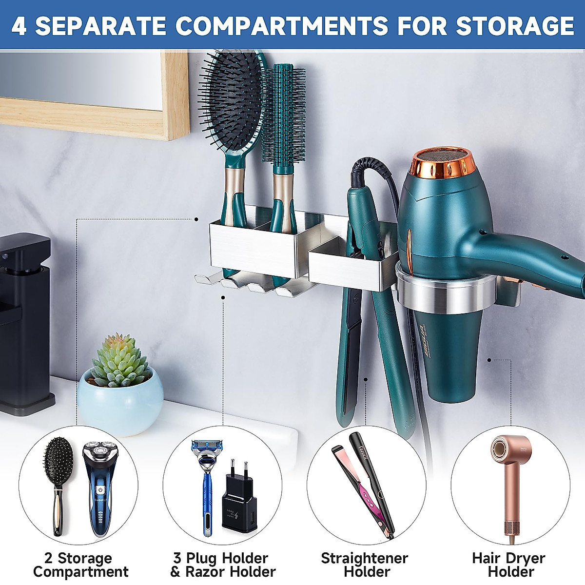 Hair Dryer Holder Wall Mounted, Hair Tool Organizer, Stainless Steel Blow Dryer Holder for Bathroom, Adhesive Hair Straightener Holder Curling Iron Holder with Plug Hook & Storage Compartment