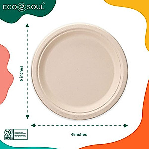 ECO SOUL 100% Compostable 6 Inch Paper Plates [100-Pack] Disposable Party Plates I Heavy Duty Eco-Friendly Sturdy Appetizer Plates Disposable I Biodegradable Unbleached Sugarcane Eco Plates