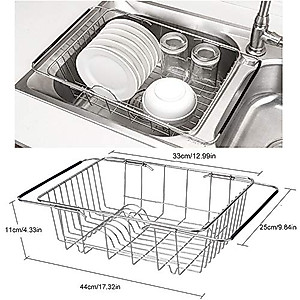 Jkhome Expandable Dish Drying Rack Adjustable Over Sink Dish Drainer Drain Stainless Steel Kitchen Fruit Vegetable Wash Storage Holder (Stainless Steel, Curved Bottom Type 17.32"x9.84"x4.33")