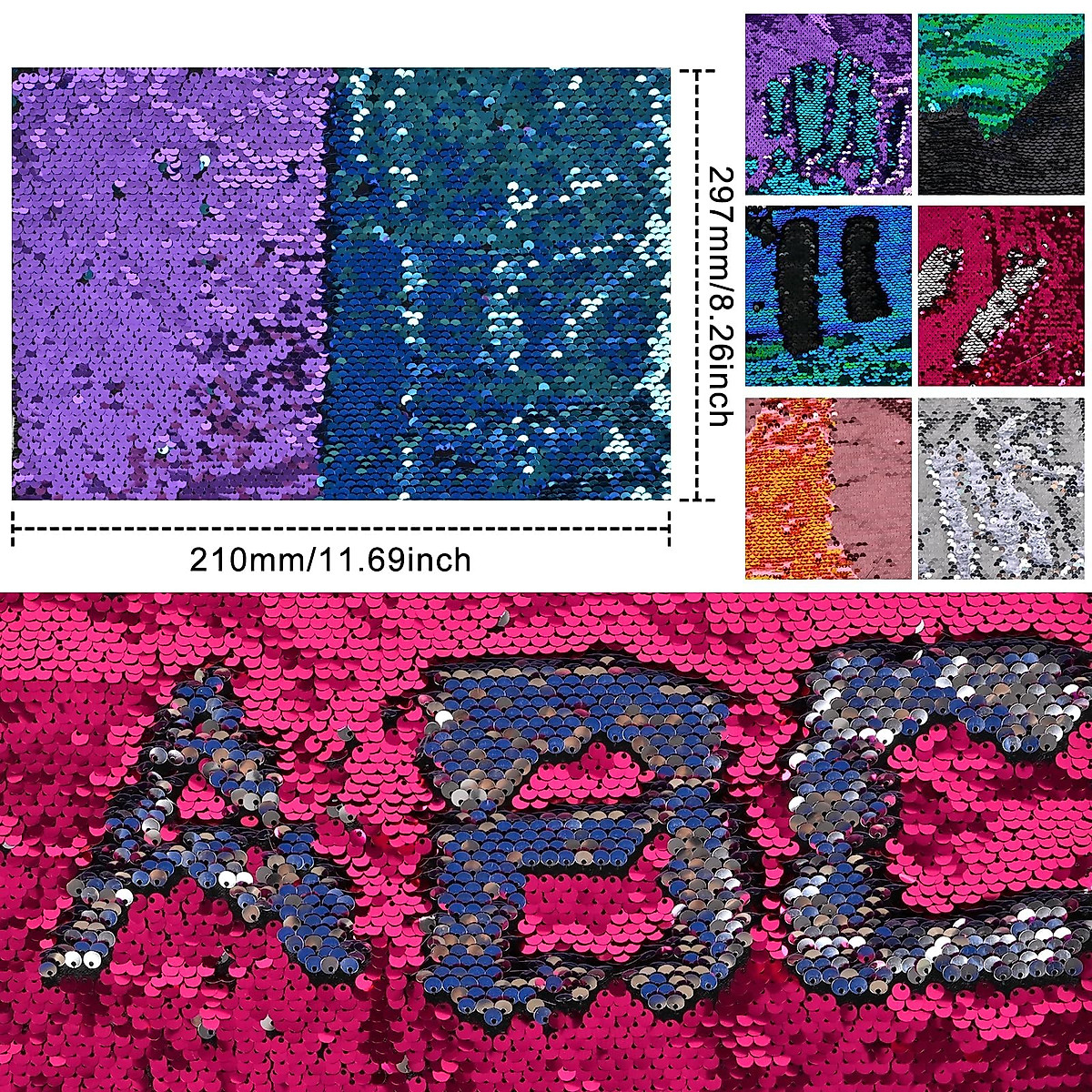 Memogizz 12pcs A4 Size One-Side Reversible Glitter Sequin Fabric, Colourful Sensory Items Stimulation Craft for Kids, Hobby Craft Fabric Sheets(A4 Size)