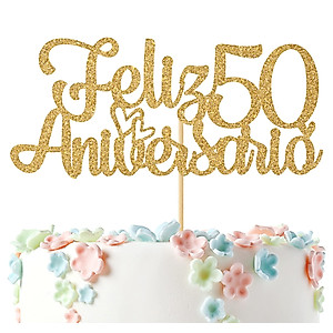 Ferastar Feliz 50 Aniversario Cake Topper, 50th Anos De Amor Wedding Decor, Happy 50th Anniversary Party Supplies Gold Glitter.