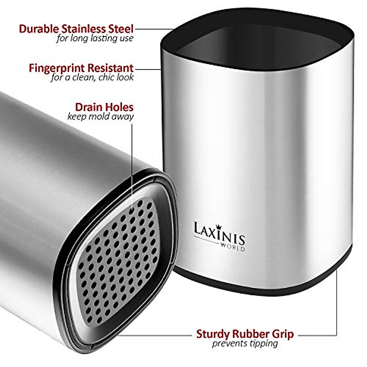 Stainless Steel Kitchen Utensil Holder, Kitchen Caddy, Large Utensil Organizer, Modern Rectangular Design, 6.1” by 5” Utensils Crock (utensils not included)