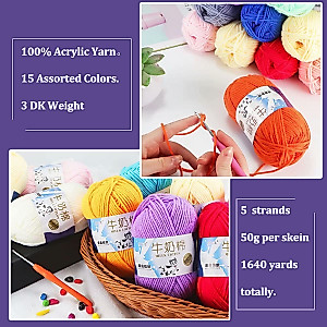 Wensdr 15 Acrylic Yarn Skeins 15 Colors x50g Colorful DIY Craft Cotton Threads and Craft Eyes,Crochet Hook Set 1640 Yards