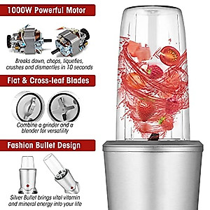 1000W Personal Bullet Blender for Shakes and Smoothies, Regenerate Nutri Aluminum Large Capacity Mixer with Blending & Grinding Blades for Kitchen, Tritan 34+17 Oz Travel Bottles for Fruits, Vegetables, Coffee, Countertop, Silver