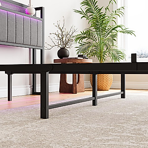 BOFENG Full Size Bed Frame with Storage Headboard/LED Lights,Heavy Duty Metal Upholstered Platform Bed Frame Full Size with Charging Station,Heavy Duty Metal Slats,No Box Spring Needed,Noise Free,Grey