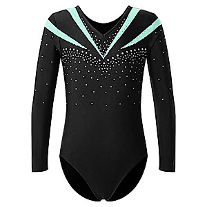 CHICTRY Big Girls V Neck Ballet Gymnastics Leotards Sparkle Diamond Athletic Dance Bodysuits Skating Jumpsuit Unitard Light Green 12 Years