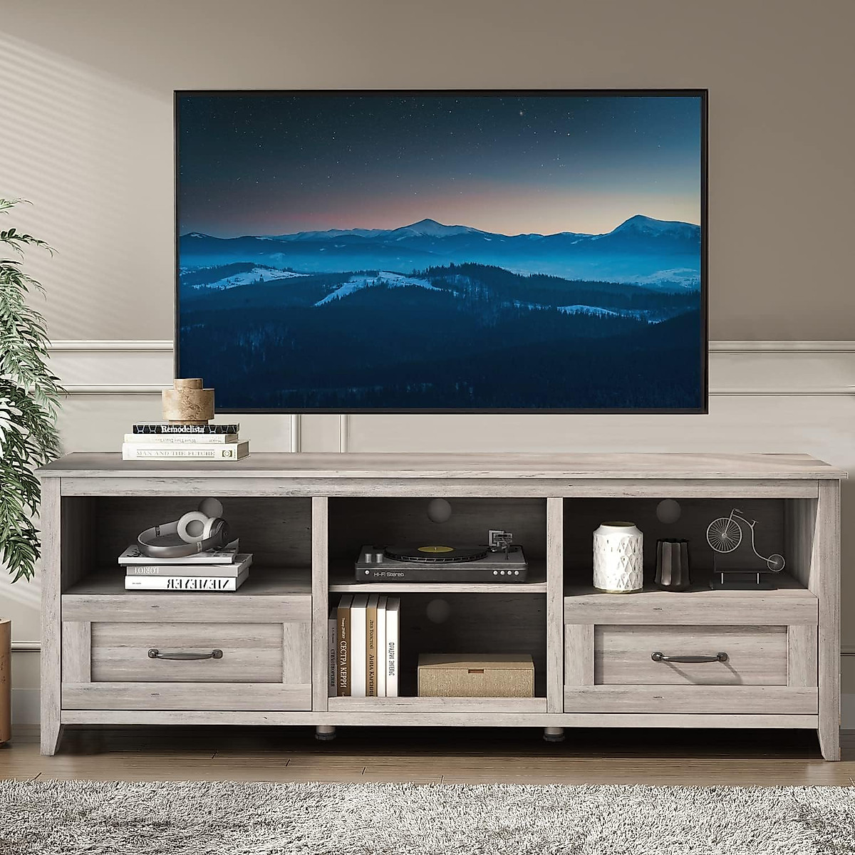 SAINTCY TV Stand for TVs up to 80", Large Television Stands with Drawers for Living Room, Farmhouse Entertainment Center with Storage and Shelves, TV Console Cabinet Furniture for Bedroom (Grey)