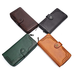 Women Wallet Genuine Leather Long Purse Zip Around Vintage Cowhide Handmade Clutch Card Holder Organizer (Brown)