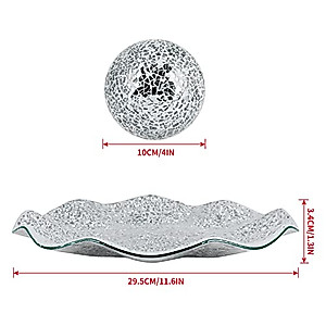 MDLUU Centerpiece Bowl and Balls Set, Mosaic Tray with 3 Pieces Spheres, 12" Decorative Plate with 4" Mosaic Orbs for Home Decor, Gift (Silver)