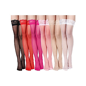 Geyoga 6 Pairs Thigh High Stockings Lace Tights Silky Semi Sheer Stocking for Women Girls (Black, White, Skin Color, Red, Rose Red, Pink)