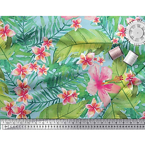Soimoi Blue Cotton Cambric Fabric Leaves & Plumeria Flower Tropical Fabric Prints by Yard 56 Inch Wide