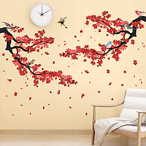 Romantic Red Flowers Wall Decals 3D Plum Floral Tree Branches Wall Stickers DIY Removable Peach Cherry Blossom Birds Wall Decor for Kids Girls Bedroom Living Room Nursery Office Decoration DT-4978