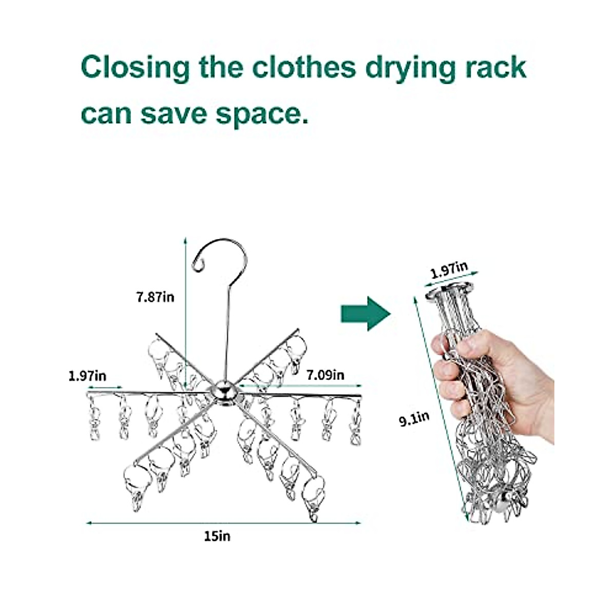 WYCQKL Laundry Drying Rack 2 Pack, 24 Clips Clothes Hangers, Collapsible Metal Dryer Rack for Drying Underwear, Towel, Socks, Baby Clothes, Bras, Herbs