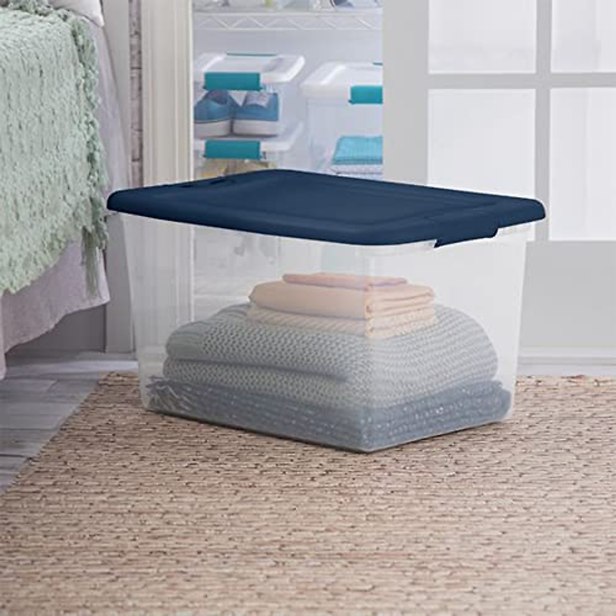 Sterilite 64 Quart Latching Hinged See-Through Plastic Stacking Storage Container Tote with Recessed Lids for Home Organization, Marine Blue (6 Pack)…