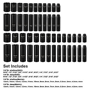 CASOMAN 1/4 Inch Drive Master Impact Socket Set, 50-Piece, 6-Point, SAE/Metric, 5/32 Inch - 9/16 Inch, 4mm - 15mm, Standard/Deep,CR-V