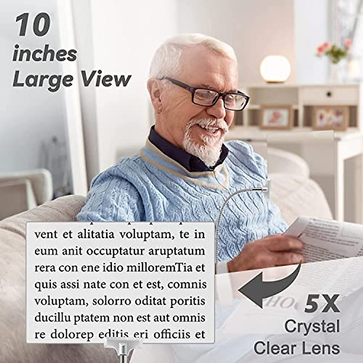 5X Magnifiers with Stand, 10"x6" Flexible Gooseneck Full Book Page Magnifying, Large Book Page Magnifier for Reading Small Prints & Low Vision Seniors with Aging Eyes, Sliver