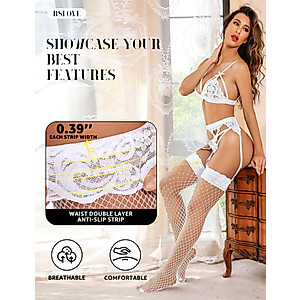 RSLOVE Women's Lace Top Fishnet Thigh-High Stockings with Antiskid Silicone Sexy Stay Up Tights Pantyhose White
