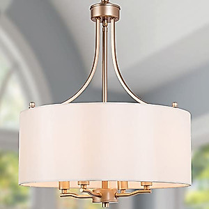 classy leaves Gold Chandelier Light Fixture, 4-Light Modern Drum Chandelier Lighting, Gold Pendant Light with White Fabric Shade for Dining Room, Kitchen Island, Foyer, Living Room, 16’’ D x 21.5’’ H