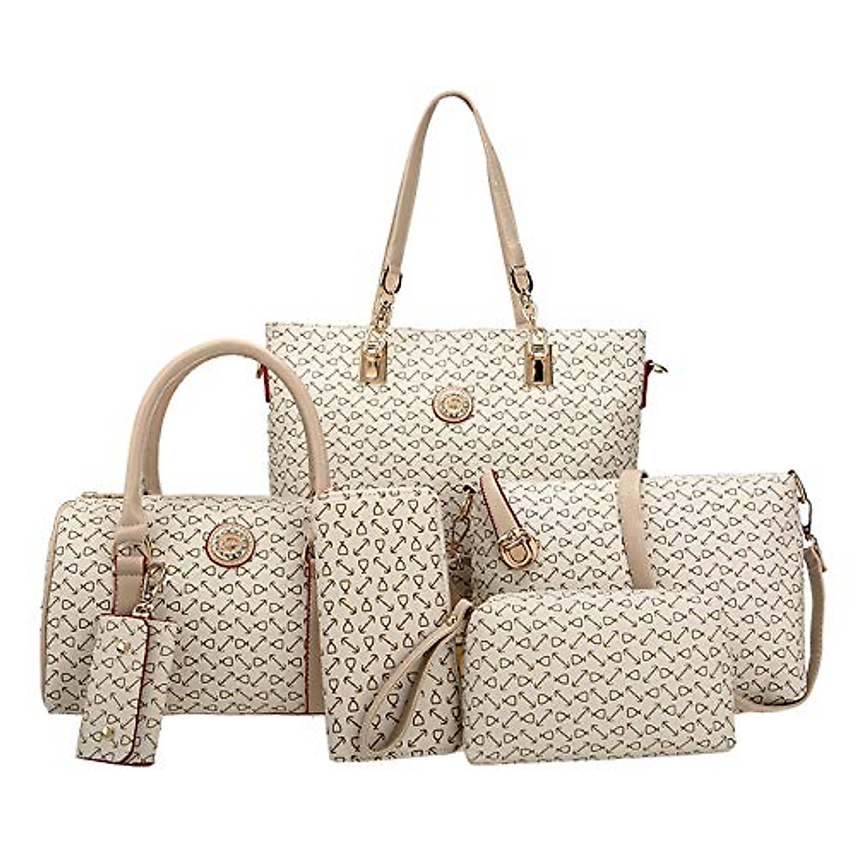 RainboSee Women 6 Pcs Handbag Tote Stitching Shoulder Bag PU Top Handle Hobo Satchel Purse Clutch Beige