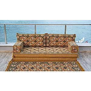 8" Thickness Gold Floor Couch, Sectional Sofa, Arabic Majilis, Arabic Jalsa, Meditation Yoga Loveseat, Healing Room Floor Cushion, Sofa Covers (Sofa + Rug)