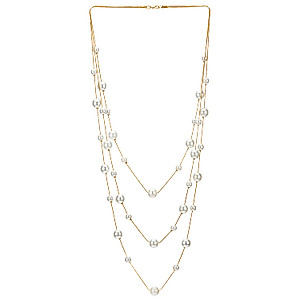 Gold White Statement Necklace Three-Strand Long Chains with Synthetic Pearl Beads, Elegant, Dress