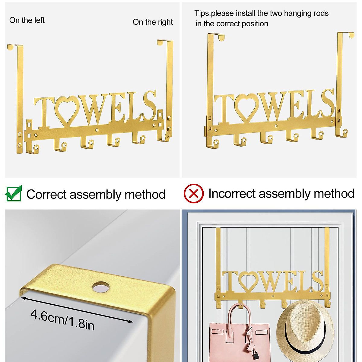 WeeksEight Over The Door Towel Rack, Metal Bath Towel Holder Hanger for Bathroom Bedroom Door Hanging Towels Bathrobe Robe, Towel Hooks for Bathrooms (6 Hooks Gold)