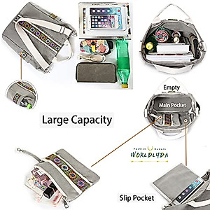 Worldlyda Women Vintage Canvas Tote Retro Hobo Purse Multi Pocket Crossbody Shoulder Bag Casual Top Handle handbag with Embroidery Ethnic (Grey)