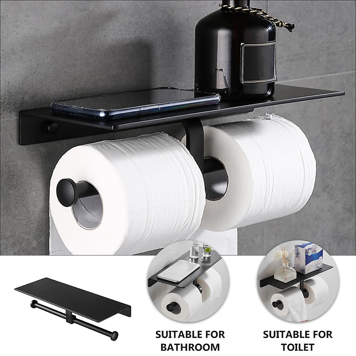 HOOTNEE Towel Holder Storage Shelf Paper Towel Rack Black Wall-Mounted Aluminum Space-Saving Bathroom Utility