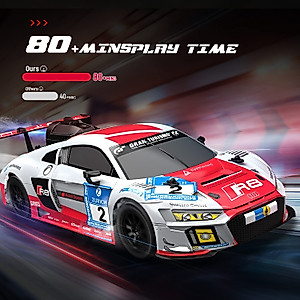 Remote Control Car, RC Cars for Kids, 1: 14 Officially Licensed Audi R8 LMS GT3, 80 Min Play Toy Car with Rear Fog Stream LED Lights Music, Hobby Toy Car Model Vehicle for Boys, Girls, Adults Gift
