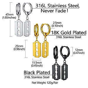 Huggie Hoop Earrings Set with Dangle Razor Stainless Steel Men Women Cartilage Earring Hoop Fits Sensitive Ears Hip Hop Jewelry